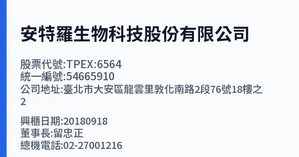 安特羅生物科技股份有限公司 股票代號 TPEX:6564 統編 54665910 興櫃公司基本資料圖