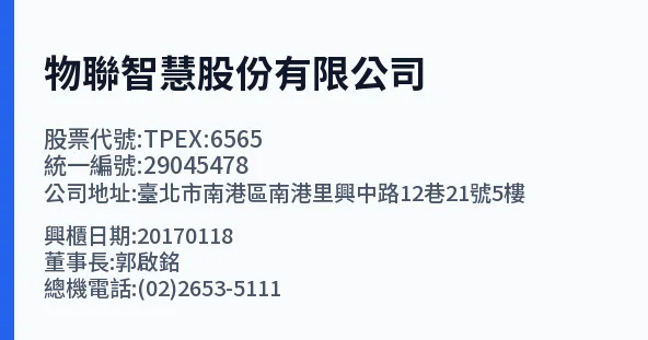 物聯智慧股份有限公司 股票代號 TPEX:6565 統編 29045478 興櫃公司基本資料圖