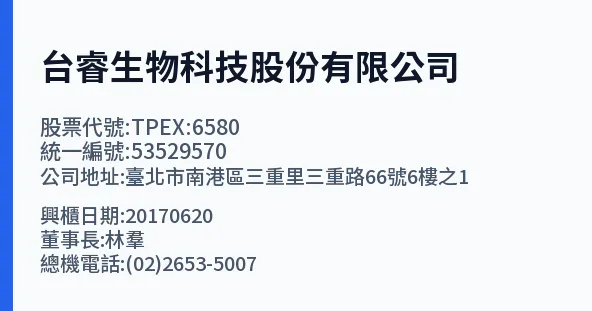 台睿生物科技股份有限公司 股票代號 TPEX:6580 統編 53529570 興櫃公司基本資料圖