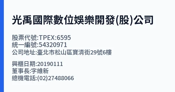 光禹國際數位娛樂開發(股)公司 股票代號 TPEX:6595 統編 54320971 興櫃公司基本資料圖