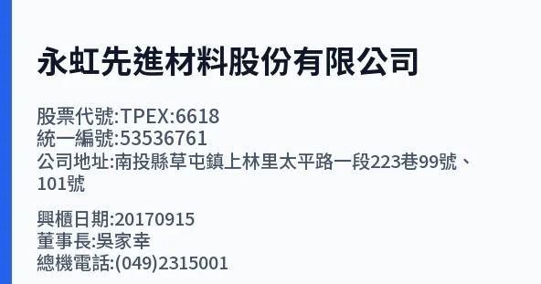 永虹先進材料股份有限公司 股票代號 TPEX:6618 統編 53536761 興櫃公司基本資料圖