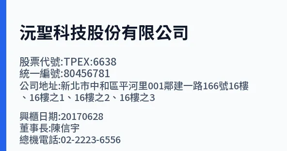 沅聖科技股份有限公司 股票代號 TPEX:6638 統編 80456781 興櫃公司基本資料圖