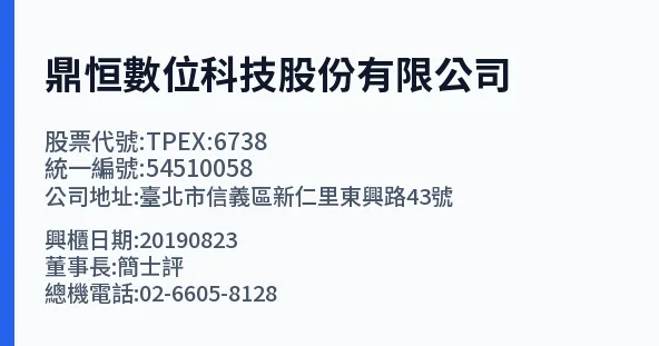 鼎恒數位科技股份有限公司 股票代號 TPEX:6738 統編 54510058 興櫃公司基本資料圖