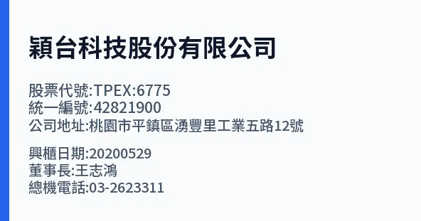 穎台科技股份有限公司 股票代號 TPEX:6775 統編 42821900 興櫃公司基本資料圖
