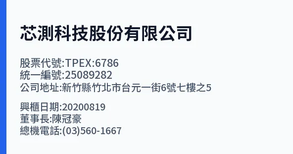 芯測科技股份有限公司 股票代號 TPEX:6786 統編 25089282 興櫃公司基本資料圖
