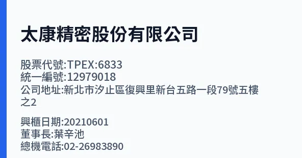 太康精密股份有限公司 股票代號 TPEX:6833 統編 12979018 興櫃公司基本資料圖