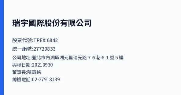 瑞宇國際股份有限公司 股票代號 TPEX:6842 統編 27729833 興櫃公司基本資料圖