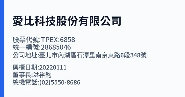 愛比科技股份有限公司 股票代號 TPEX:6858 統編 28685046 興櫃公司基本資料圖