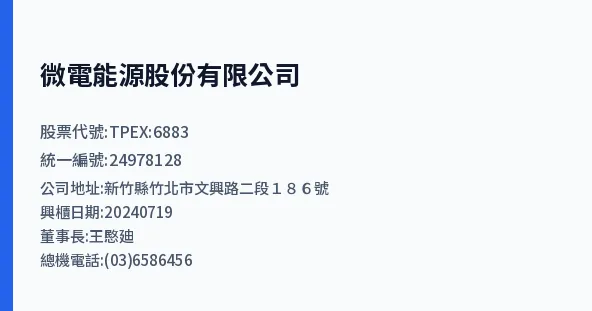 微電能源股份有限公司 股票代號 TPEX:6883 統編 24978128 興櫃公司基本資料圖