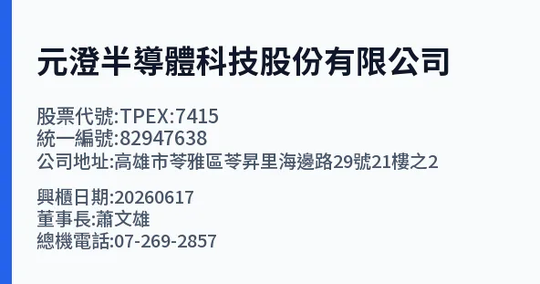 元澄半導體科技股份有限公司 股票代號 TPEX:7415 統編 82947638 興櫃公司基本資料圖
