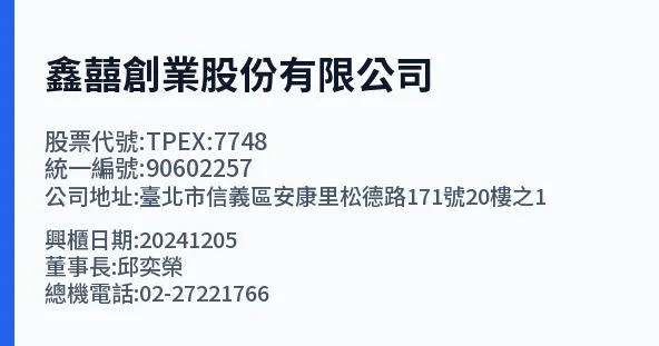 鑫囍創業股份有限公司 股票代號 TPEX:7748 統編 90602257 興櫃公司基本資料圖