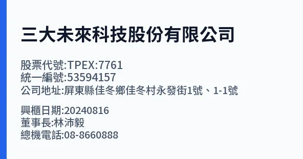 三大未來科技股份有限公司 股票代號 TPEX:7761 統編 53594157 興櫃公司基本資料圖