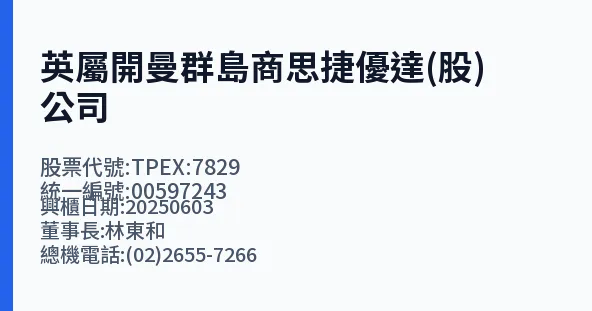 英屬開曼群島商思捷優達(股)公司 股票代號 TPEX:7829 統編 00597243 興櫃公司基本資料圖