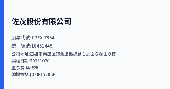 佐茂股份有限公司 股票代號 TPEX:7854 統編 16451445 興櫃公司基本資料圖