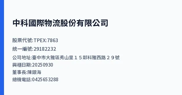 中科國際物流股份有限公司 股票代號 TPEX:7863 統編 29182232 興櫃公司基本資料圖