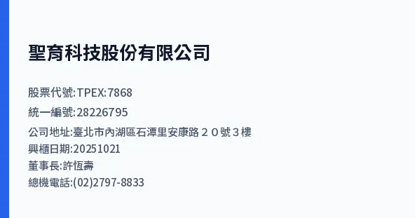 聖育科技股份有限公司 股票代號 TPEX:7868 統編 28226795 興櫃公司基本資料圖