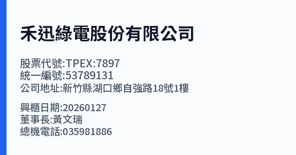 禾迅綠電股份有限公司 股票代號 TPEX:7897 統編 53789131 興櫃公司基本資料圖