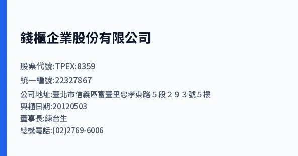 錢櫃企業股份有限公司 股票代號 TPEX:8359 統編 22327867 興櫃公司基本資料圖